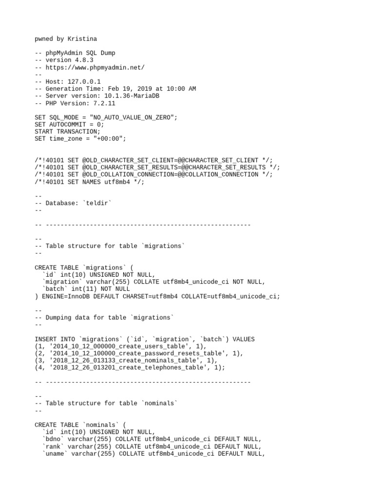 SQL Dump for Teldir Database | PDF | Data Management | Databases