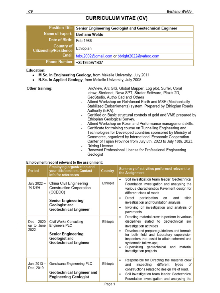 CV (Senior Engineering Geologist and Geotechnical Engineer) | PDF ...