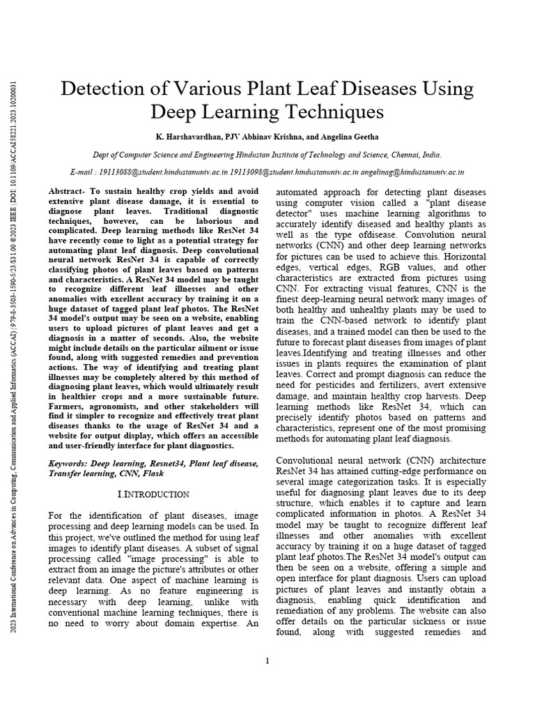 Detection of Various Plant Leaf Diseases Using Deep Learning Techniques | PDF | Deep Learning ...