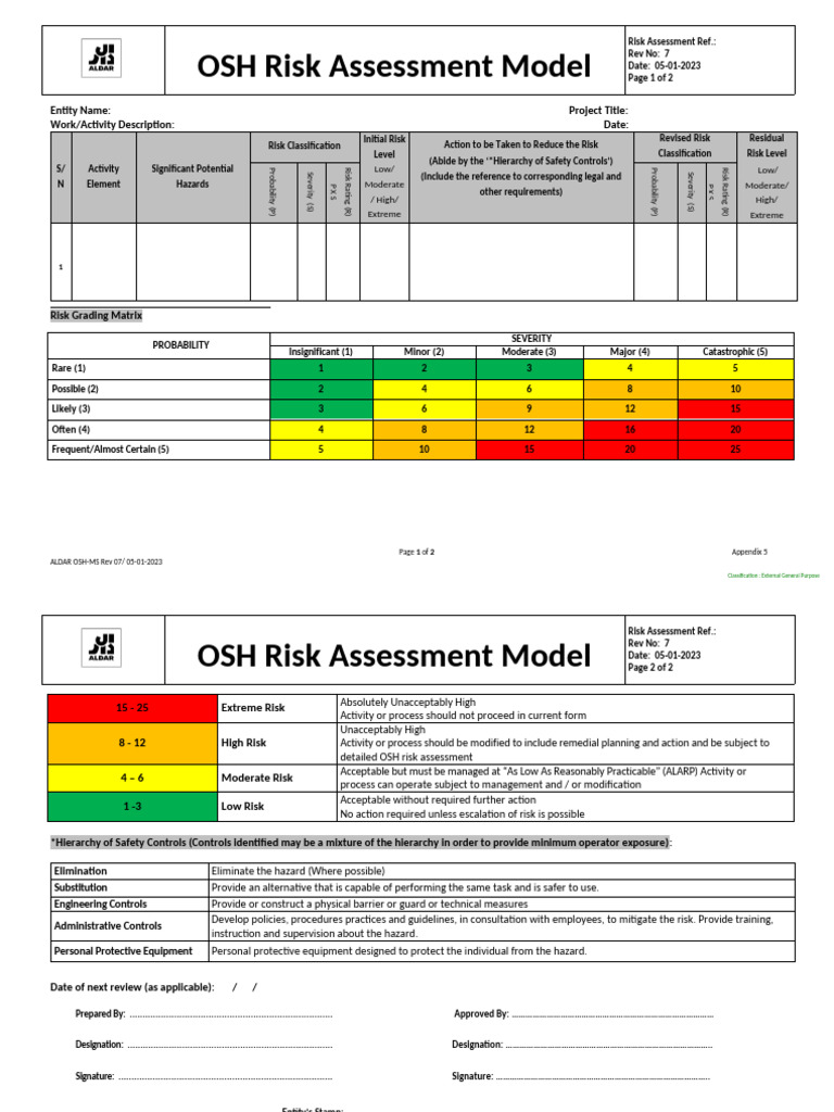 Appendix 5. ALDAR Projects OSH Risk Assessment Model | PDF | Risk ...