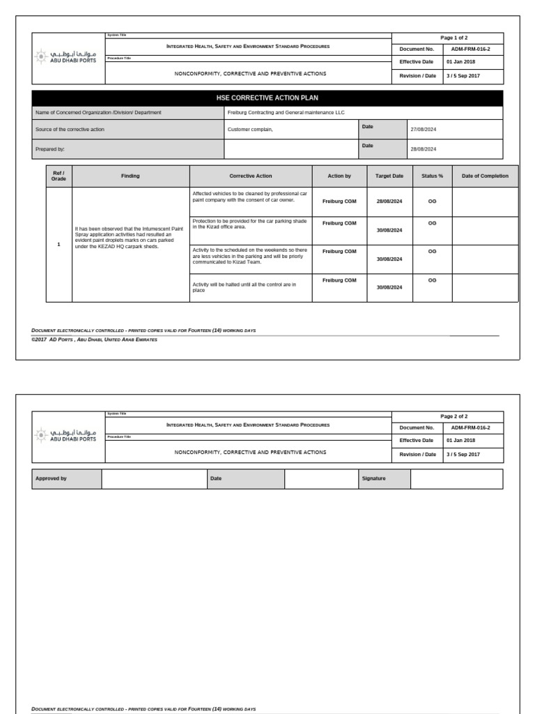 Adm-Frm-016-2 Hse Corrective Action Plan | PDF
