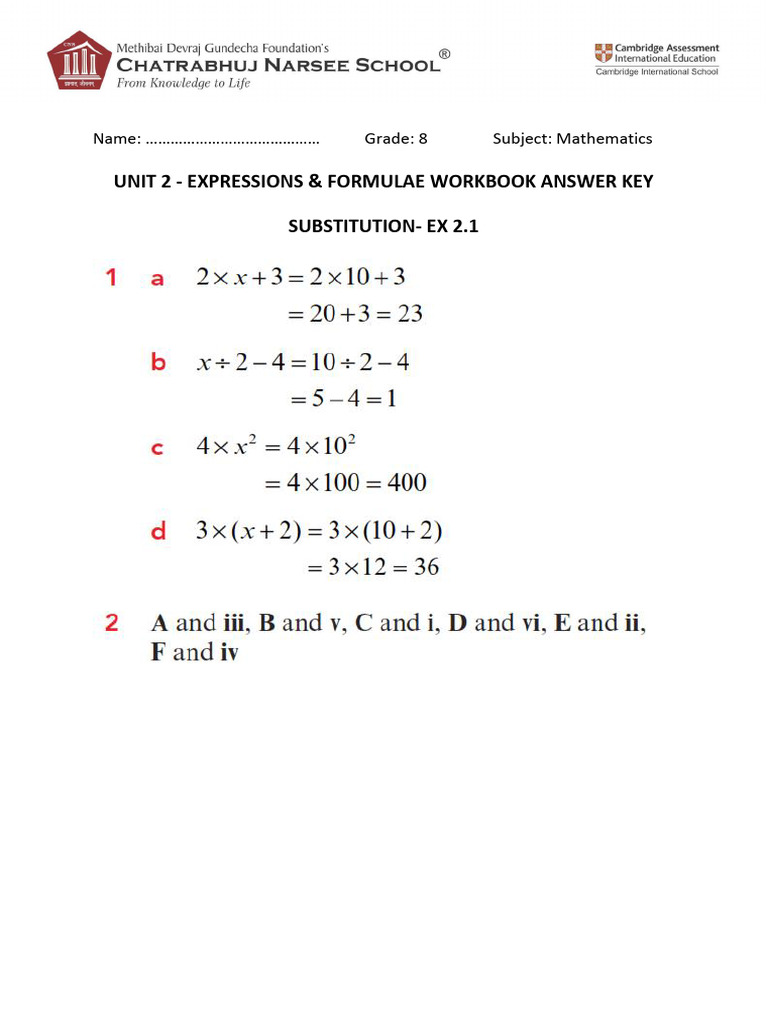 UNIT_2_EXPRESSIONS___FORMULAE_WORKBOOK_ANSWER_KEY | PDF
