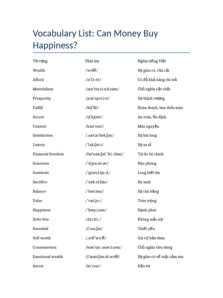 Vocabulary List Can Money Buy Happiness | PDF