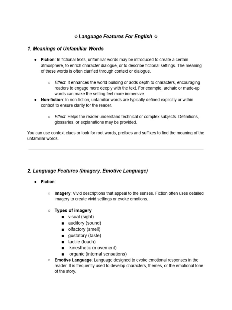 English Language Features Checkpoint Notes | PDF | Narration | Narrative