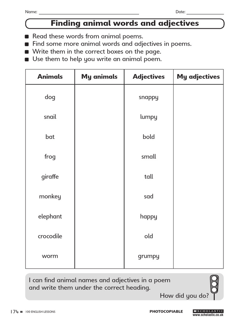 Animal Words and Adjectives Activity | PDF
