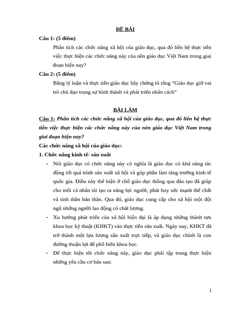 Bai 2 Hien Cac Chuc Nang Nay Cua Nen Giao Duc Viet Nam Trong Giai Doan Hien Nay | PDF
