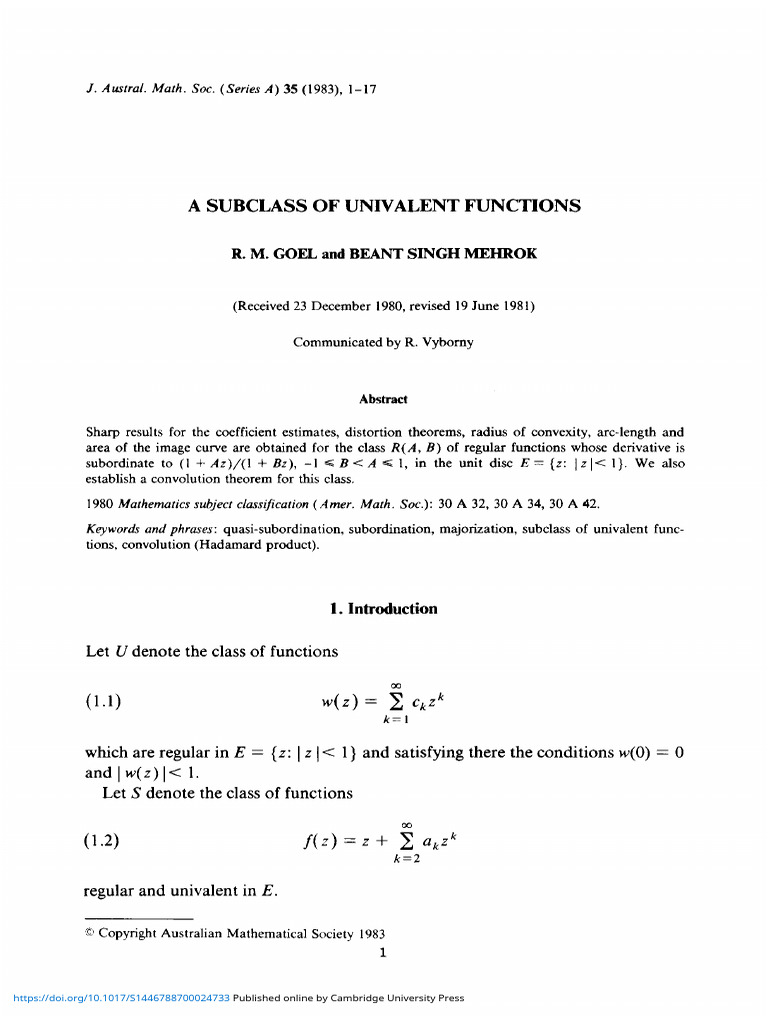 A Subclass of Univalent Functions | PDF | Geometry | Mathematical Analysis