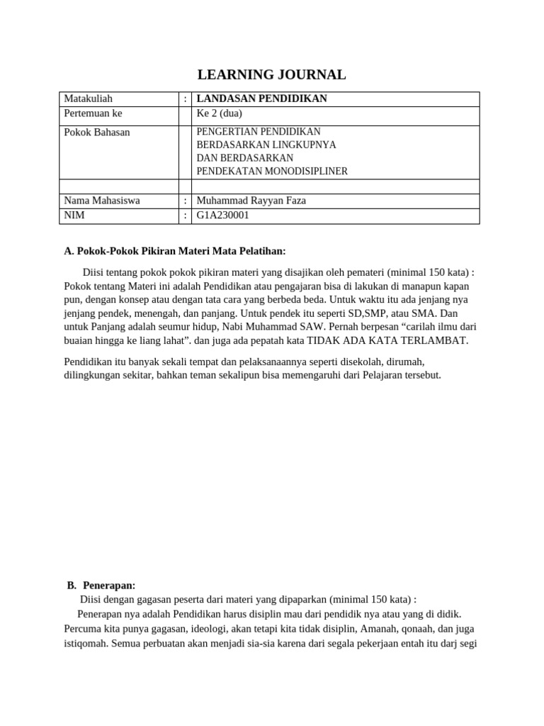 Form Tugas Learning Journal Land. Pend. 2 | PDF
