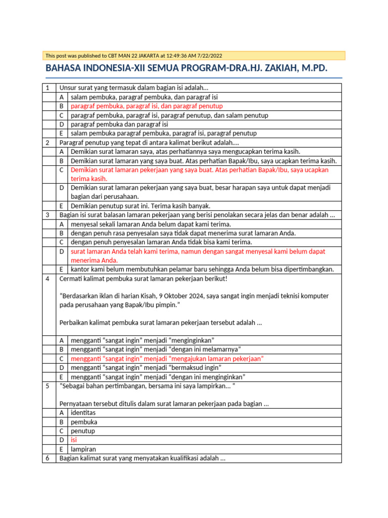Latihan Soal Bahasa Indonesia - Template - Zakiah | PDF