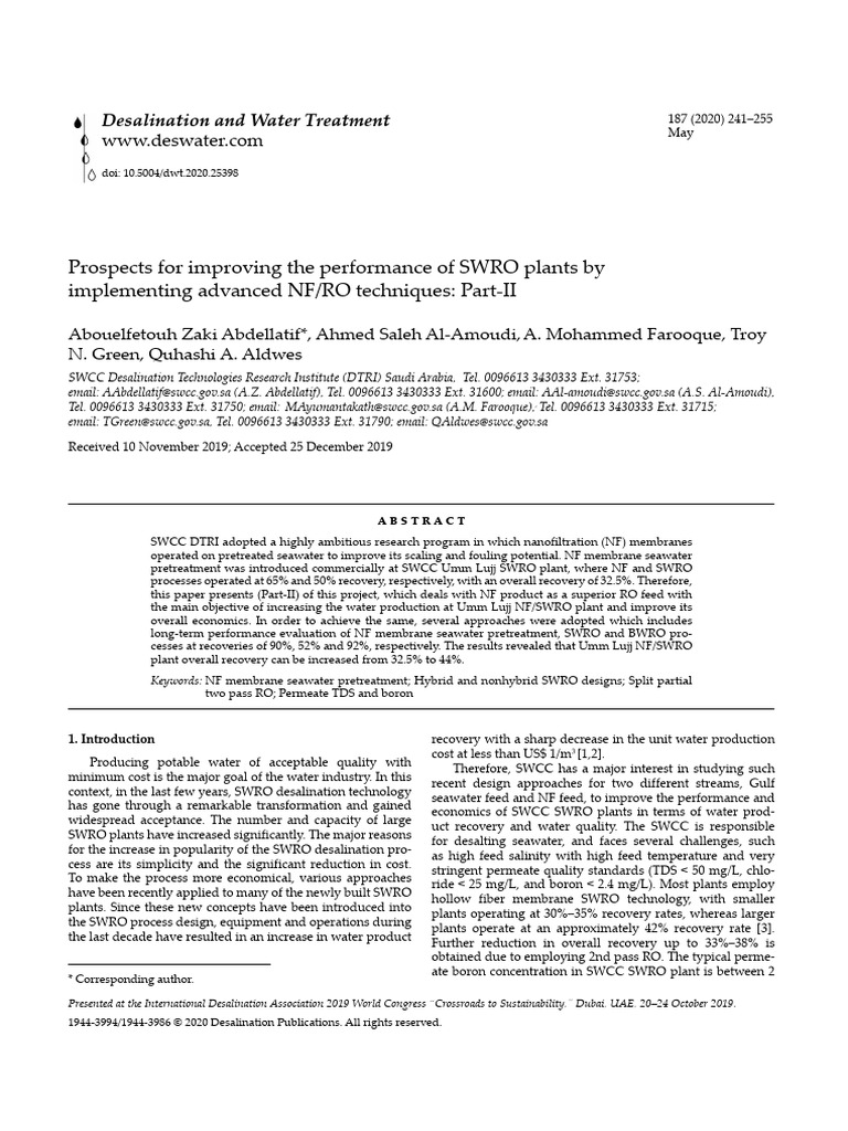 Prospects For Improving The Performance of SWRO Plants by Implementing ...