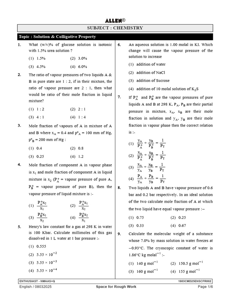 Topic: Solution & Colligative Property: Subject: Chemistry | PDF ...