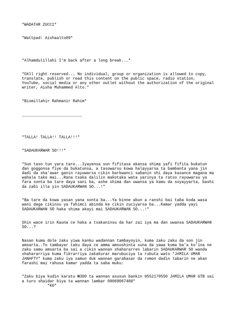 WADATAR ZUCI Complete Book by Aisha Alto.txt by Abooks.com.Ng | PDF