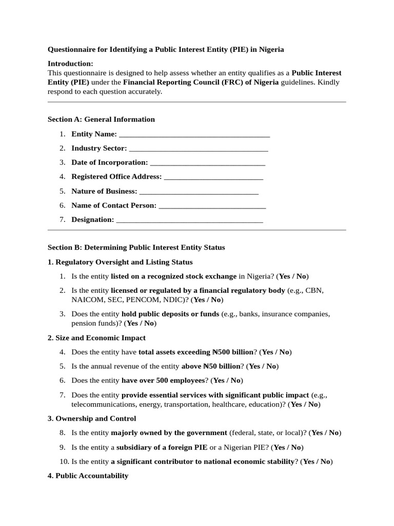 Questionnaire For Identifying A Public Interest Entity | PDF | Private ...