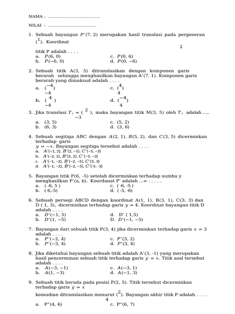 Soal Transformasi Geometri Kelas 9 smp1 | PDF