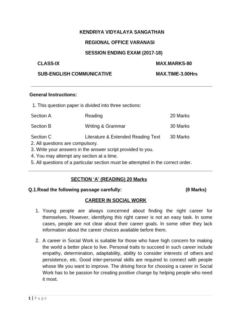 Class IX English Communicative Exam Paper | PDF | Social Work | Thought
