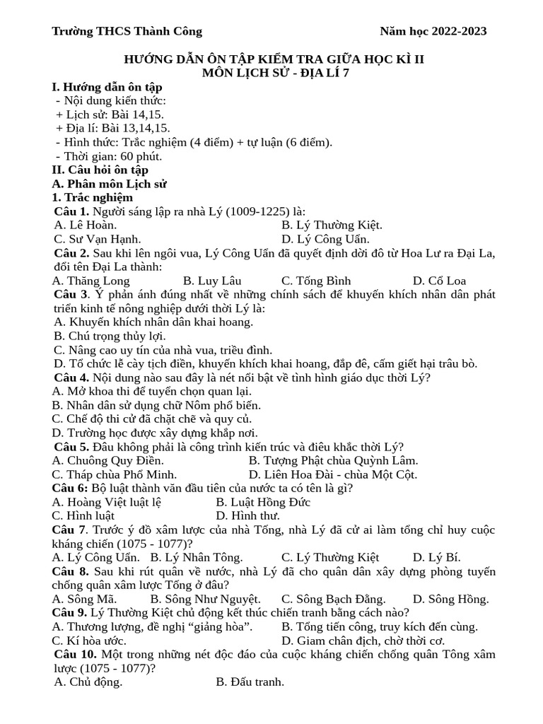 LSDL 7 - Huong Dan On Tap Giua HK2 | PDF