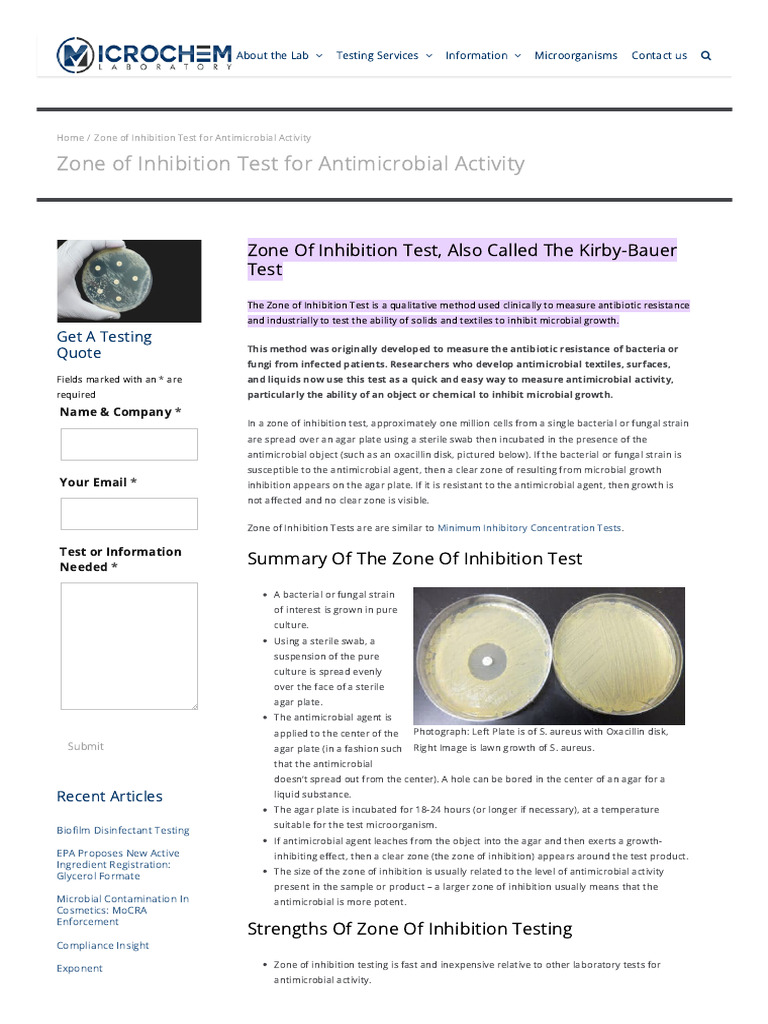 Zone of Inhibition Test - Kirby-Bauer Test - Microchem Laboratory | PDF ...