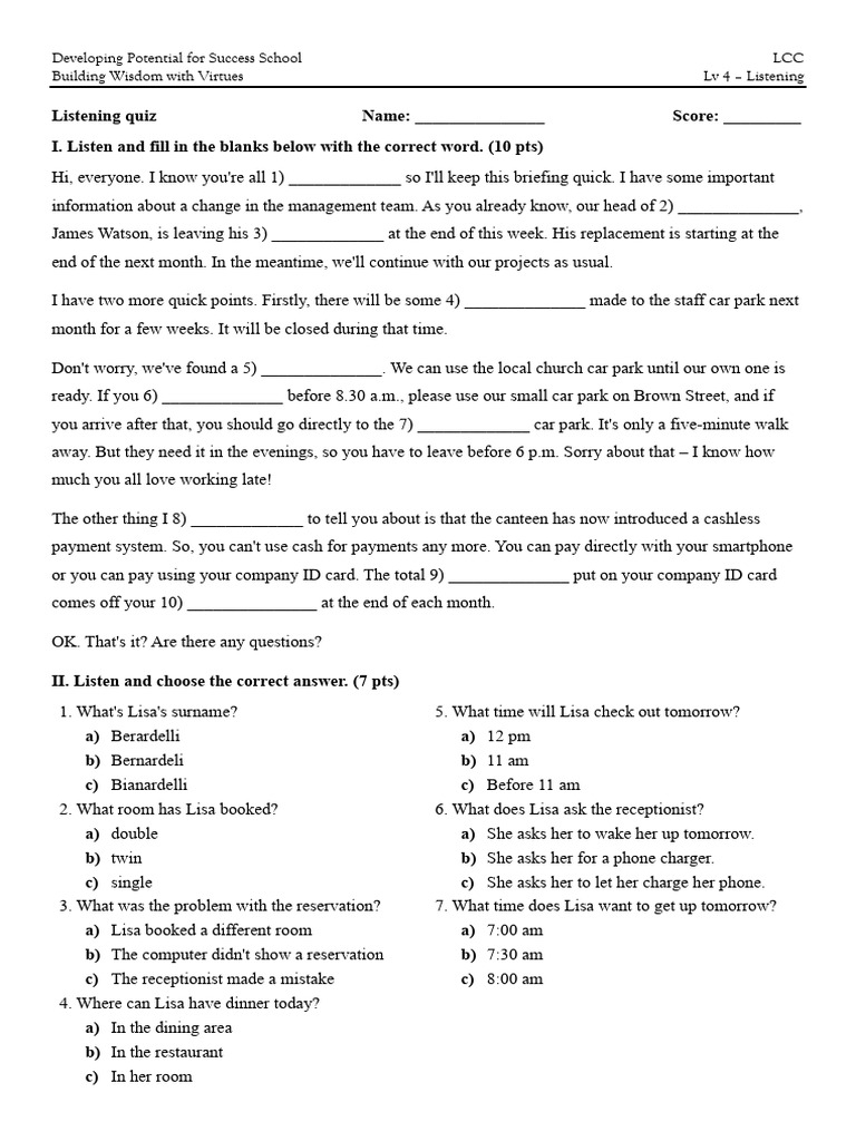 Listening Skills Quiz for Level 4 | PDF | Weather
