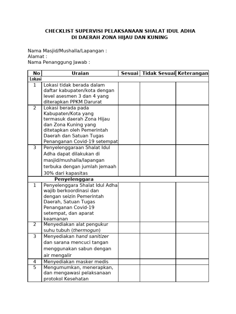 CHECKLIST SUPERVISI PELAKSANAAN SHALAT IDUL ADHA Zona Hijau dan Kuning | PDF
