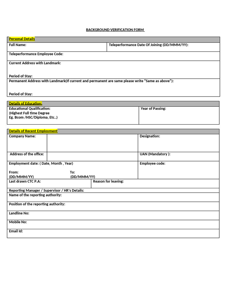 New BGV Form | PDF
