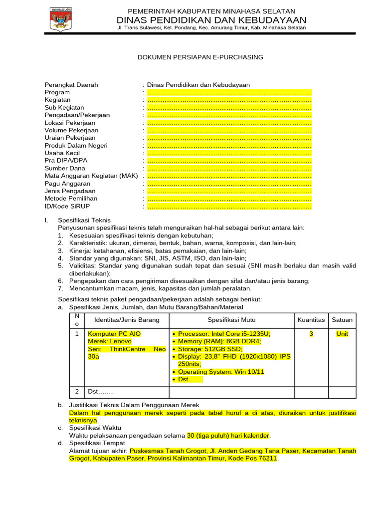 01 Template Dokumen Persiapan E-Purchasing | PDF