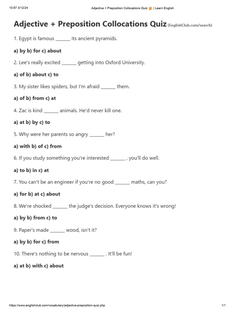 Adjective + Preposition Collocations Quiz ? - Learn English | PDF