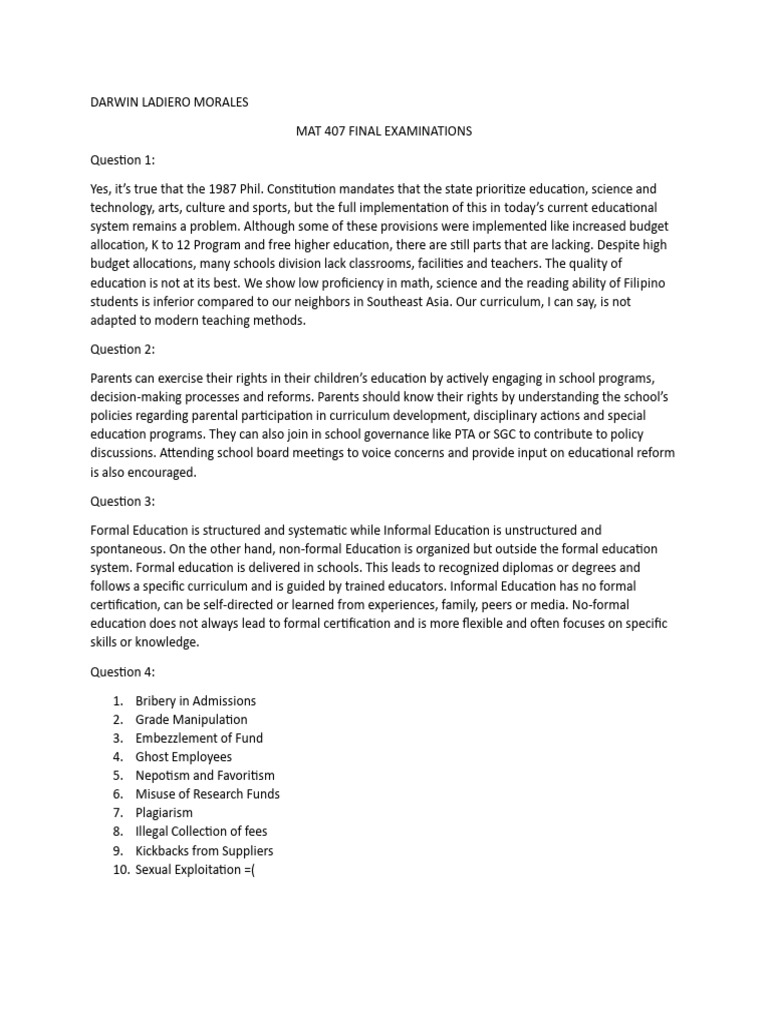 MAT 407 Final Exam Darwin L. Morales | PDF | Teachers | Curriculum