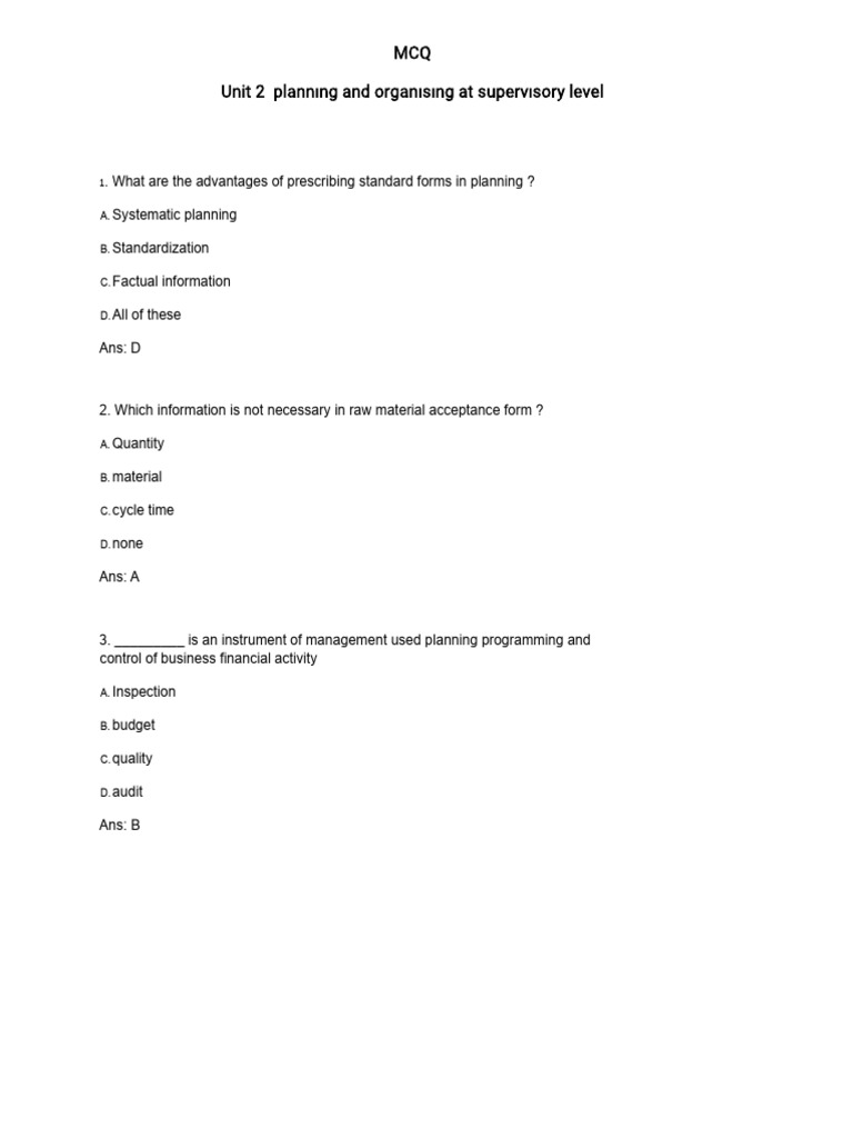MCQ Unit 2 Planning and Organising | PDF