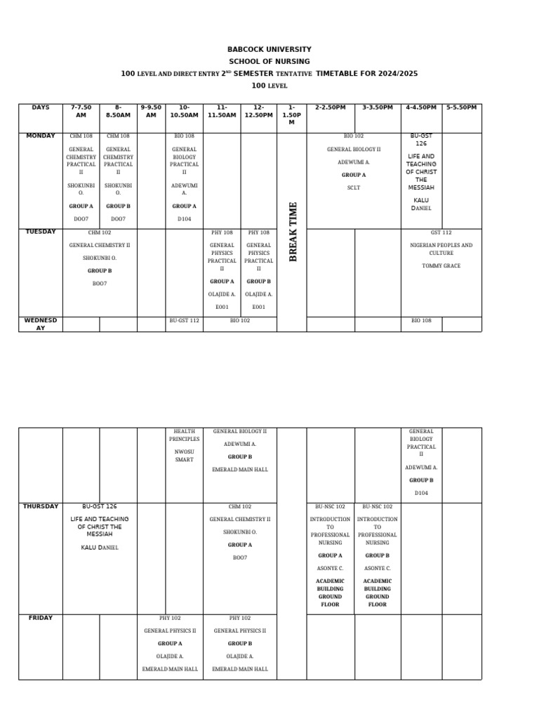 Babcock Nursing 100 Level Timetable 2024 | PDF | Biology | Morphology ...