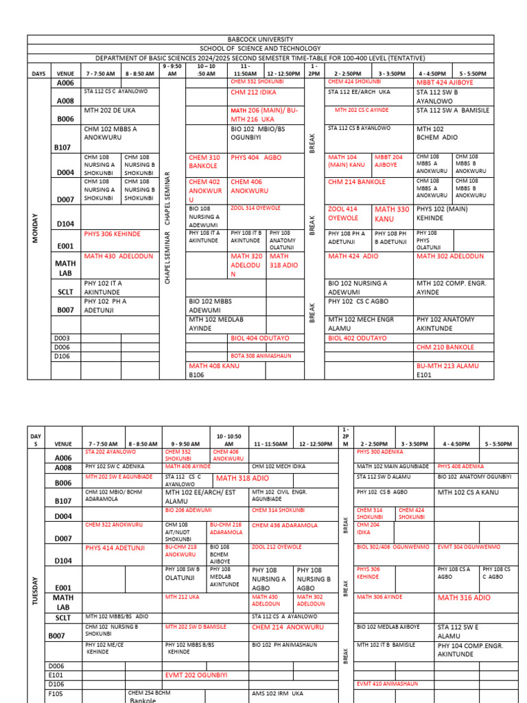 Basic Sciences Timetable For 2 - 2024 - 2025 | PDF