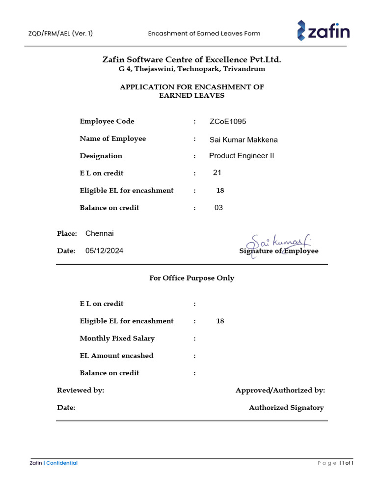 ZHRD EL Encashment Form Template | PDF