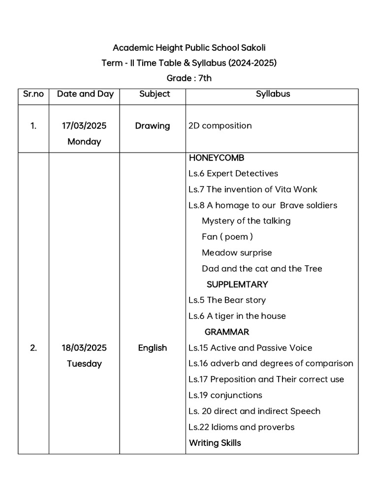 7th Grade Time Table & Syllabus 2024-25 | PDF