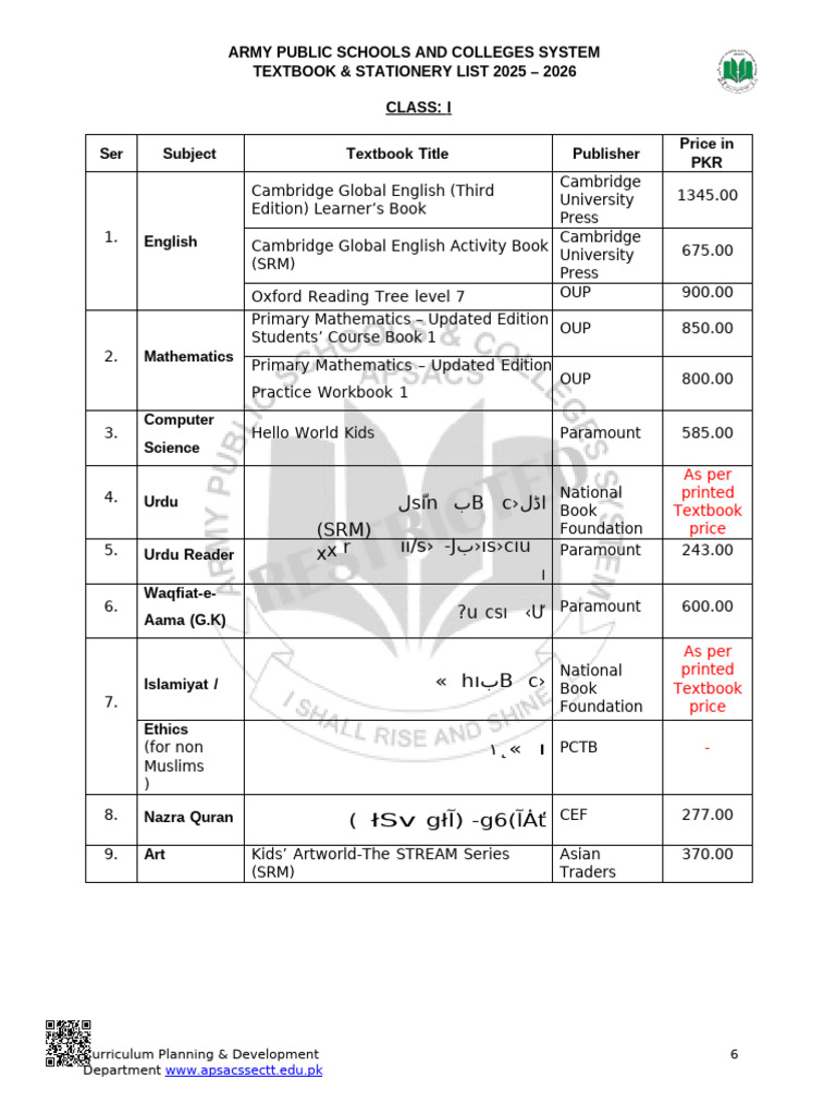 APSACS Textbook List 2025-26 | PDF | Written Communication | Books