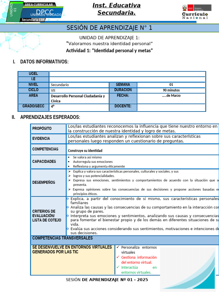 SESIÓN 1 (U1) (4° Grado) - DPCC | PDF | Aprendizaje | Maestros
