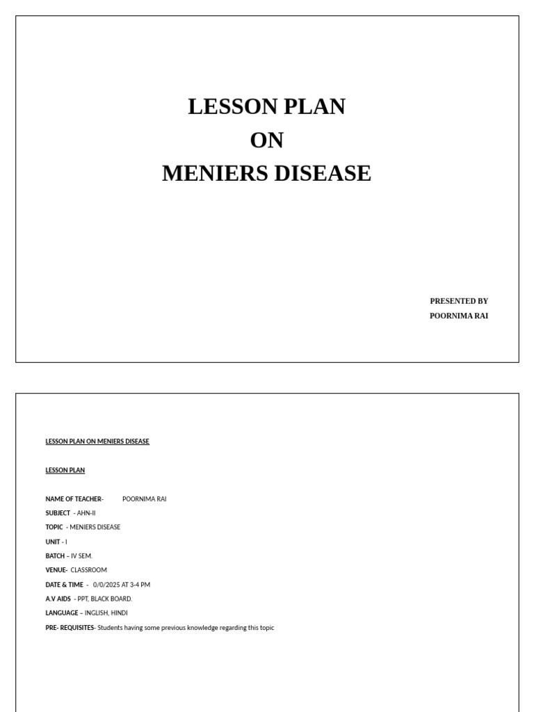 Lesson Plan on Meniere's Disease | PDF