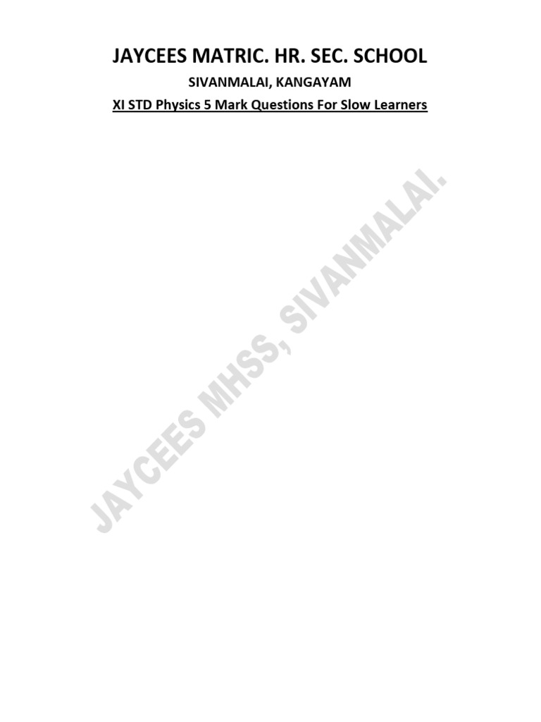 XI STD Physics Questions for Jaycees | PDF