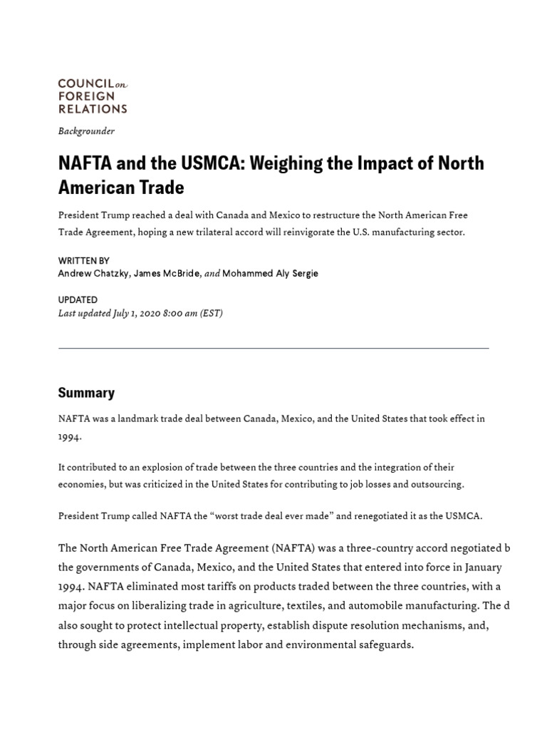 NAFTA and The USMCA - Weighing The Impact of North American Trade ...