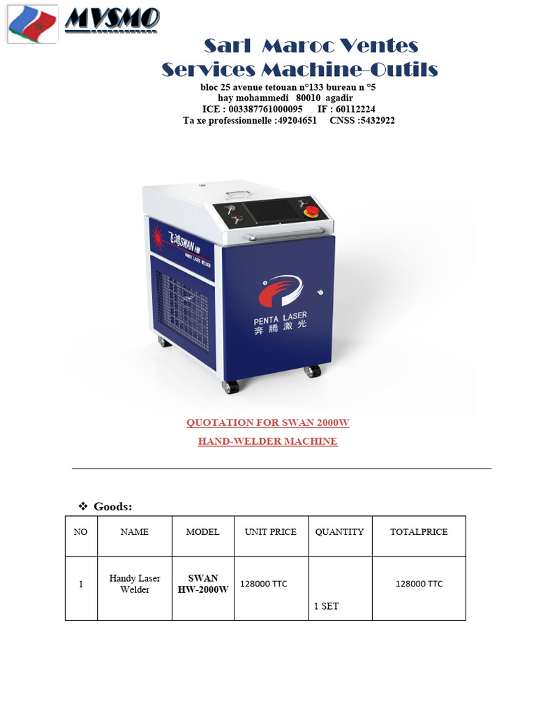 Handy Welding Machine 2000W Quotation | PDF | Laser | Welding
