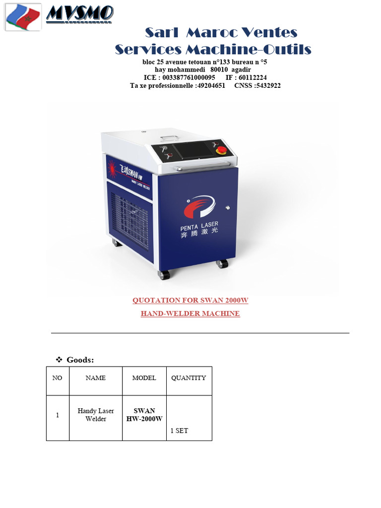 Quotation for SWAN 2000W Hand Welder | PDF | Laser | Welding