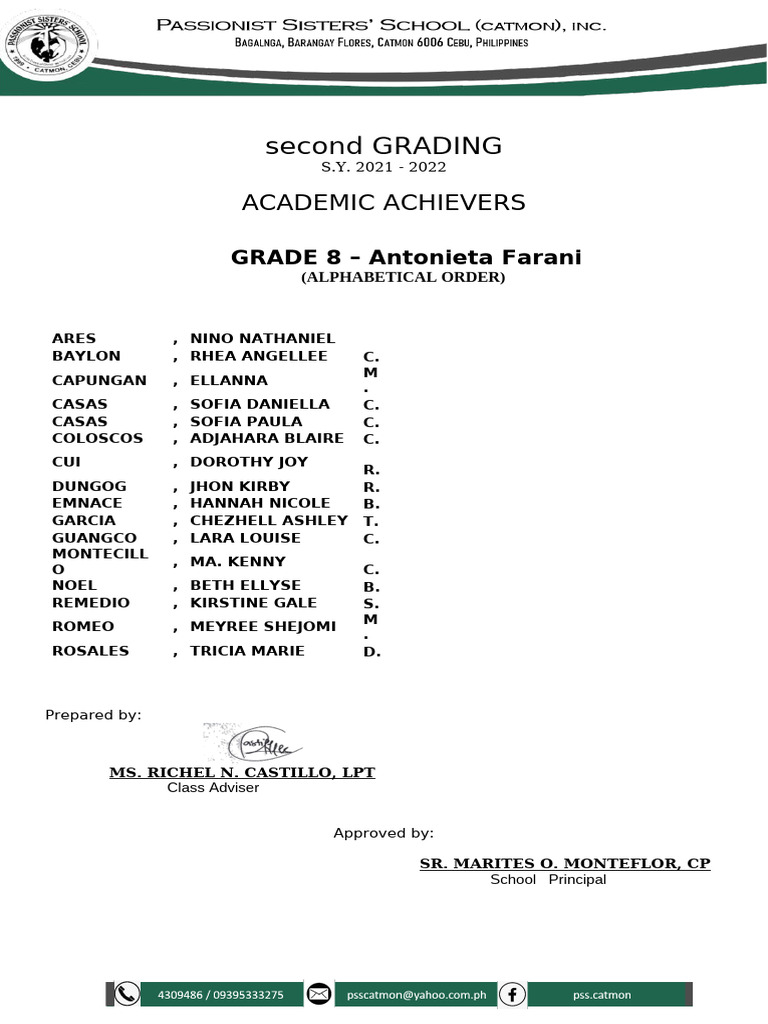 Grade 8 Academic Achievers List | PDF