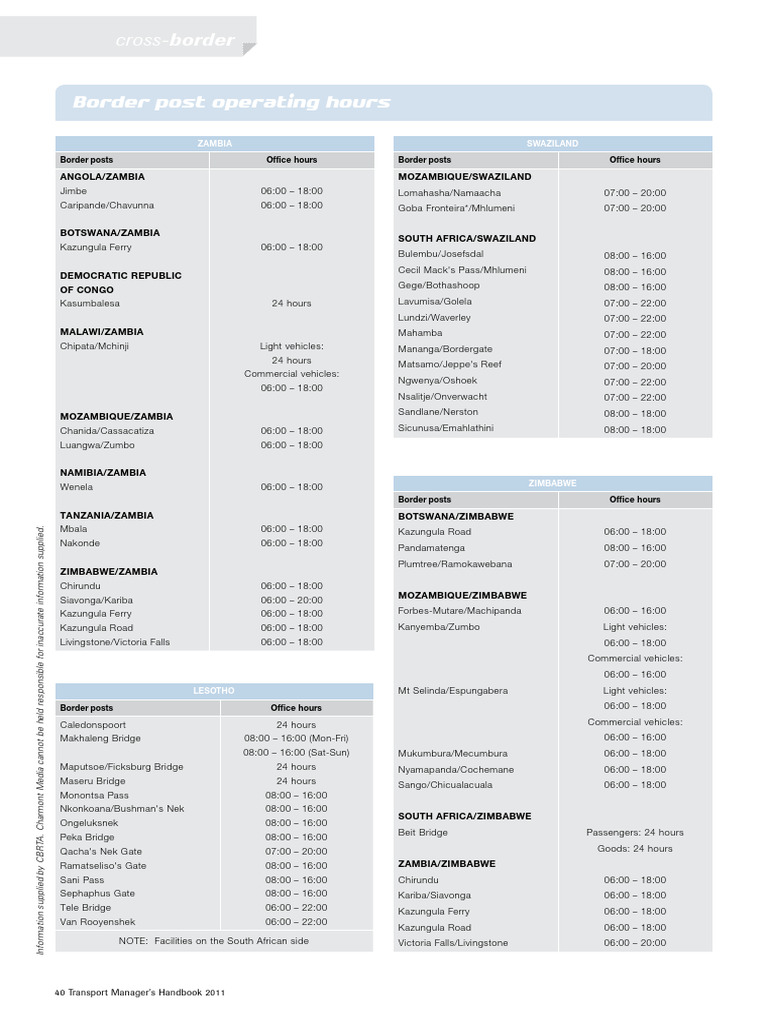 Border Post Operating Hours Guide | PDF | Zambia | South Africa