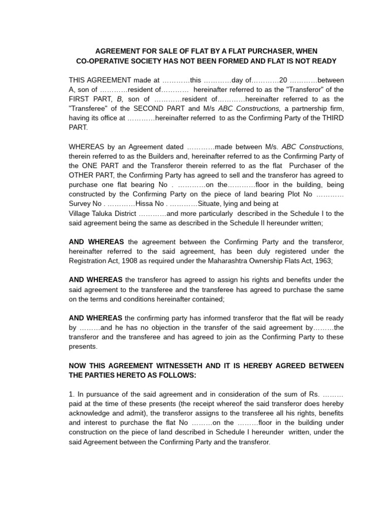 Agreement For Sale of Flat by A Flat Purchaser, When Co Operative ...