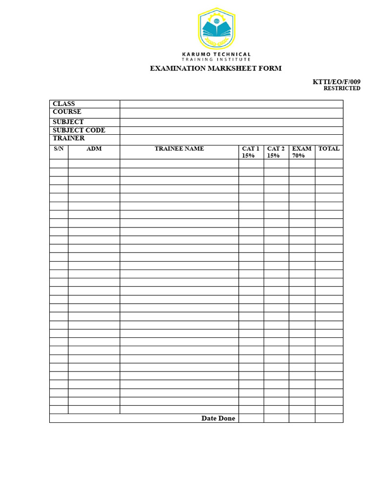 Examination Marksheet Template | PDF