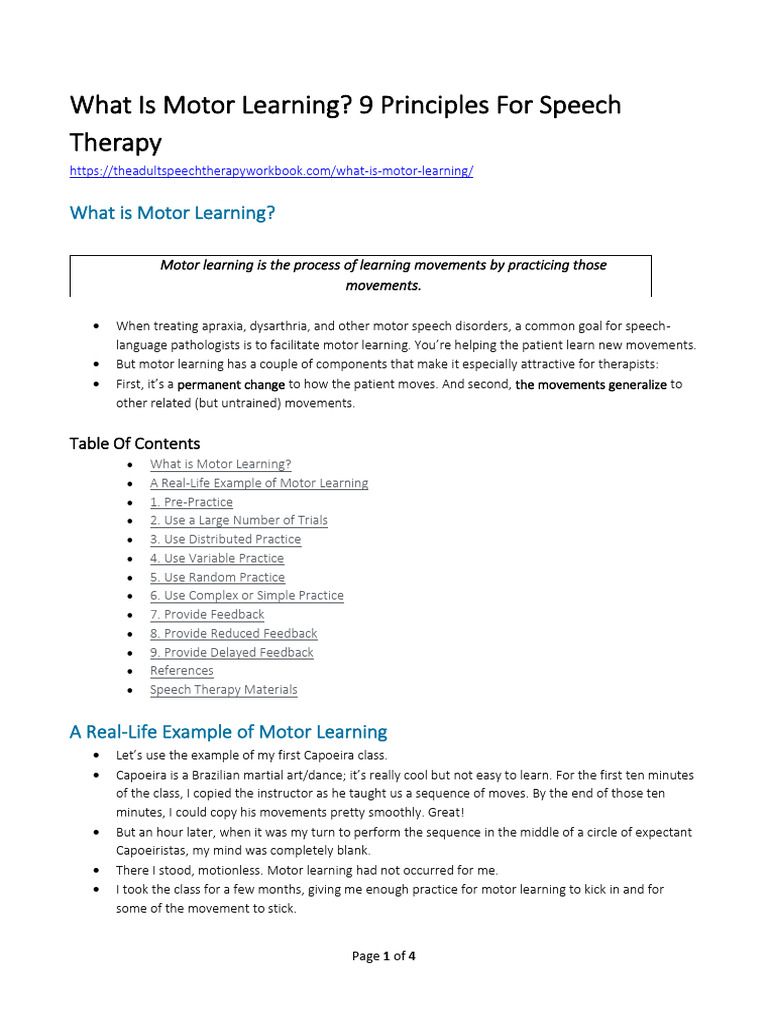 What Is Motor Learning - 9 Principles For Speech Therapy | PDF ...