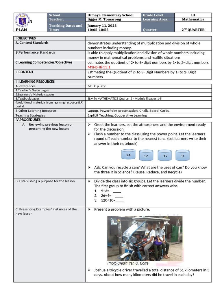Lesson Plan in Grade 3 Math | PDF | Division (Mathematics) | Learning