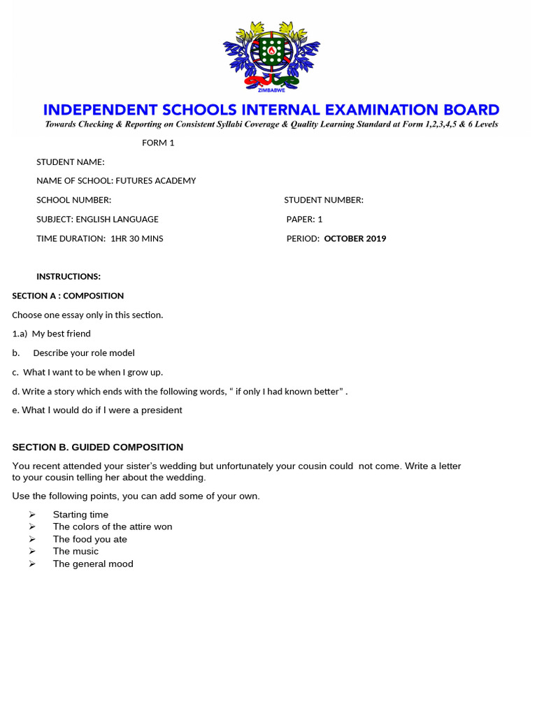 Form 1 English Language Paper 1 | PDF