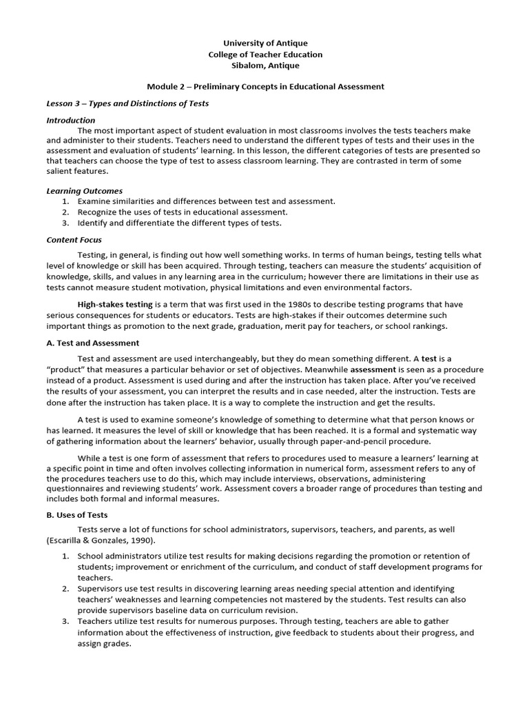 Types of Educational Tests Explained | PDF | Educational Assessment ...