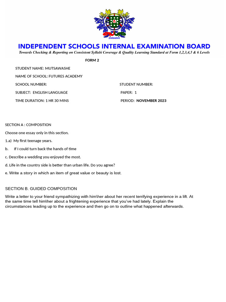 Form 2 English Language Paper 1 | PDF