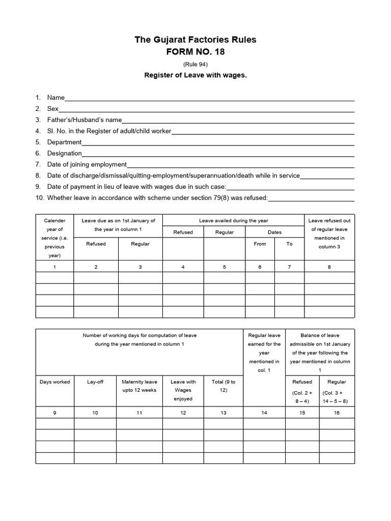None - Form 18 - Register of Leave With Wages - Gujarat Factories Act | PDF | Business | Economies