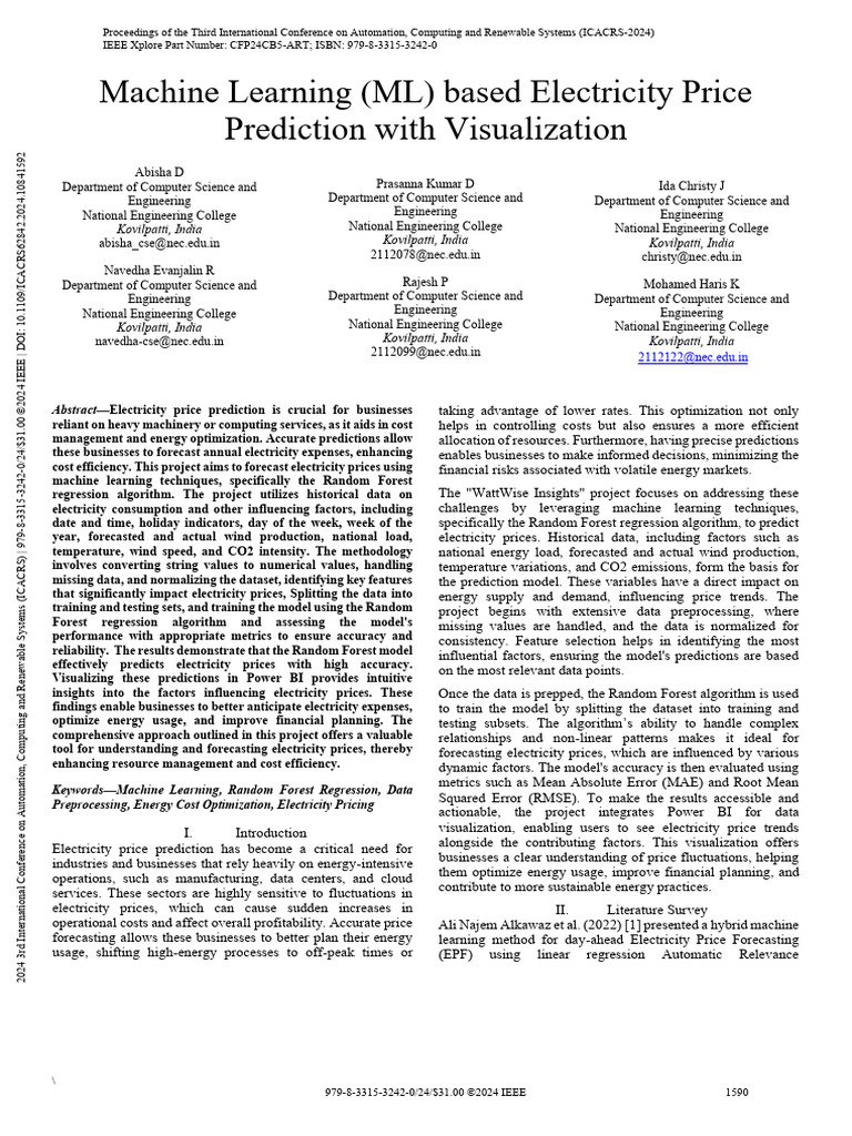 Machine Learning ML Based Electricity Price Prediction With Visualization | PDF | Forecasting ...